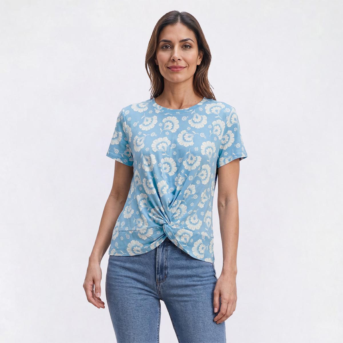 Click here for Womens Bobeau Short Sleeve Knot Front Floral Tee prices